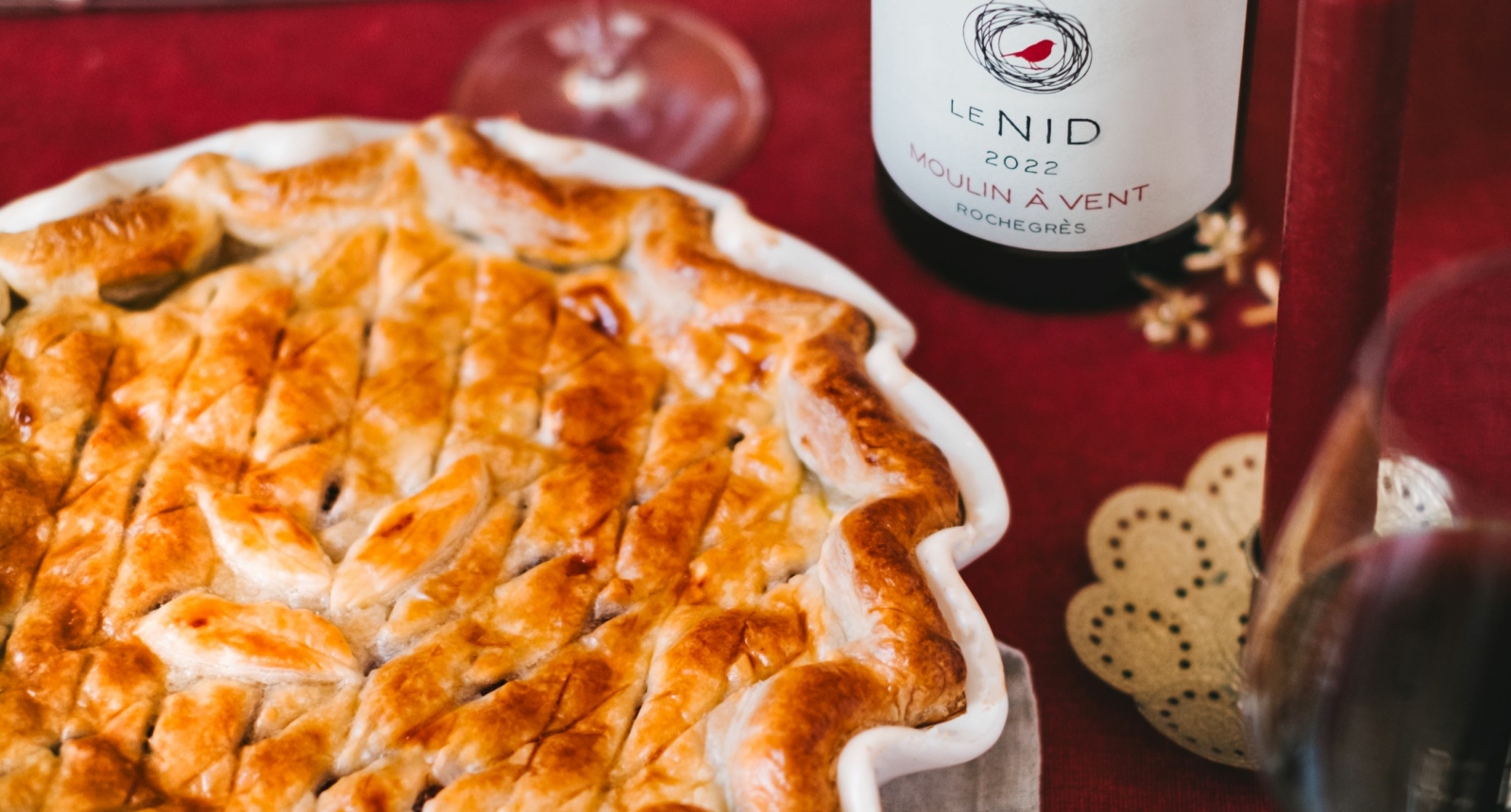 Duck confit, foie gras, butternut squash & fig pie - Beaujolais